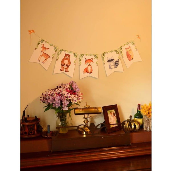 Cute Woodland Animals Printable Banner. Greenery Forest Birthday Baby ...