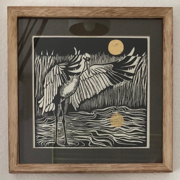 Gold Moon Linocut Print, Heron Blockprint,wall Art, Landscape Original ...