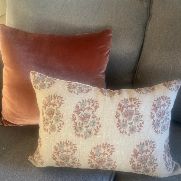Designer Floral Rust Saffron With Blue Grey on Natural Linen Pillow ...