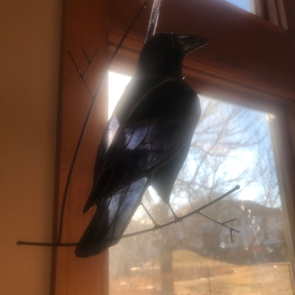 Stained Glass Raven on the Branch Crow Stained Glass Suncatcher Window ...