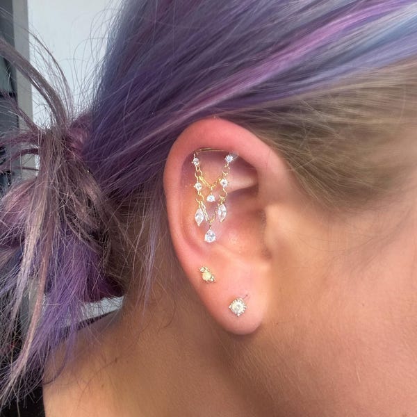 Prong Set Diamond Drape Threaded Stud Earring, Helix Earrings Invisible ...