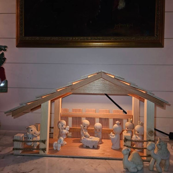 Handmade Wooden Christmas Nativity, Manger, Stable With Light. Rope ...