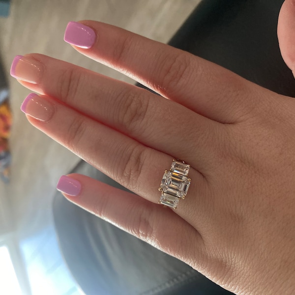 3 CT Emerald Cut Moissanite Three Stone Engagement Ring, 14k Solid Gold ...