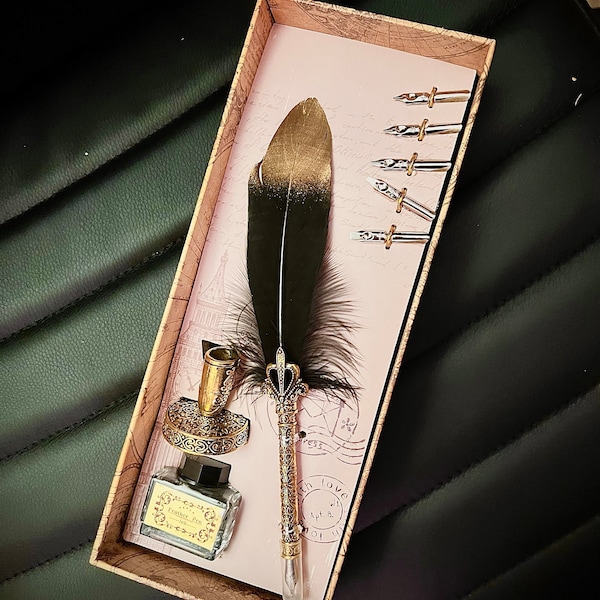 Gold Tipped Black Feather Quill Pen Gift Set With Antiqued Gold ...