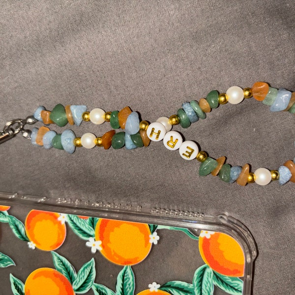 Pesonalised Aventurine and Pearl Phone Chain Strap, Green Crystal Chip ...