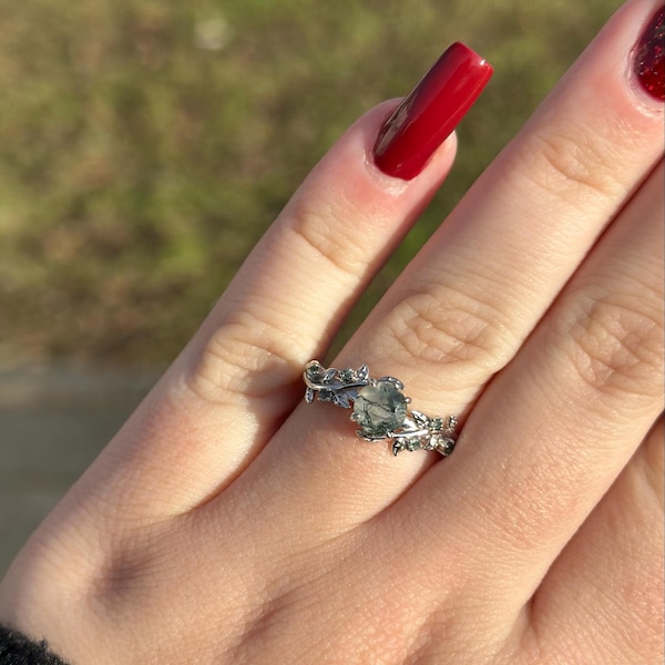 Vintage Moss Agate Engagement Ring Art Deco Leaf Promise Ring Nature ...