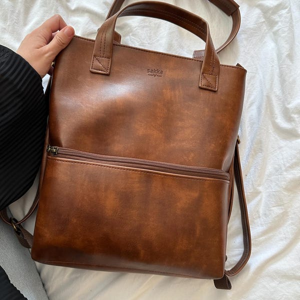 Brown Leather Backpack,vegan Leather Laptop Rucksack,brown Camera Bag ...