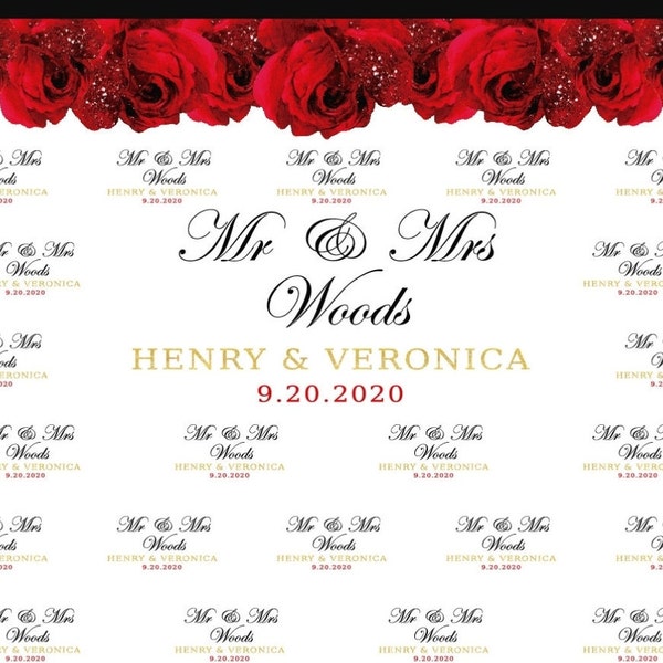 Wedding Backdrop, Red Roses, Elegant Black and Gold Banner, Floral ...