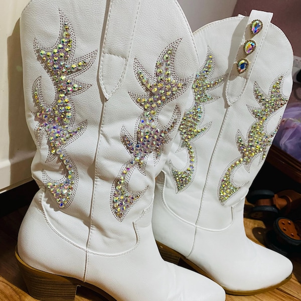 Rhinestone Cowgirl Boots White Crystal AB Boots Bachelorette Party ...