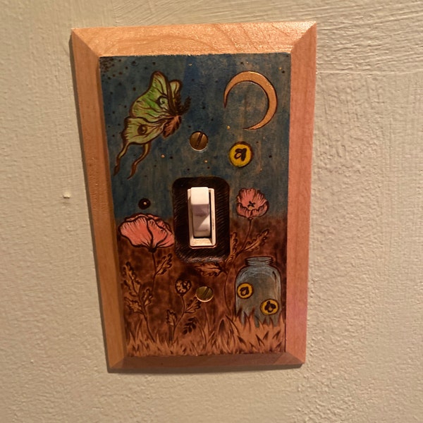 Botanical Woodburned Light Switch Cover: Fireflies & Luna Moth - Etsy