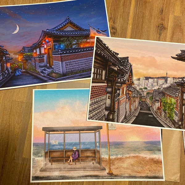 Korean Art / Sunset in Bukchon Hanok Village/ Seoul Sunset,korean Wall ...