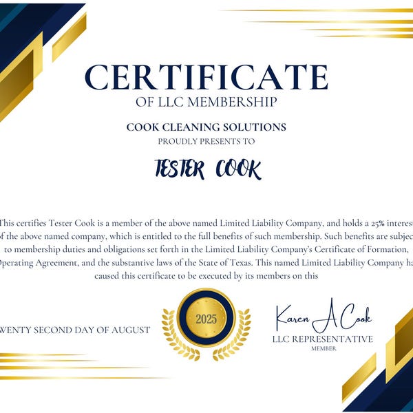 LLC Membership Certificate - Horizontal - Etsy