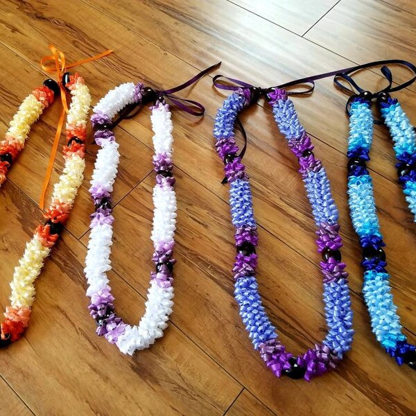 Hawaiian White Pikake With Purple Trim and Kukui Nut Ribbon Lei (1 ...