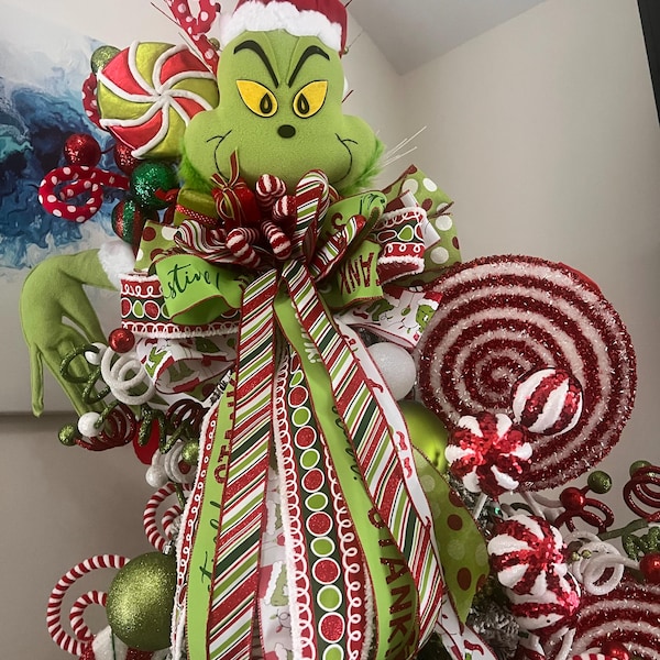 Extra Large Grinch Christmas Tree Topper, Large Grinch Bow, Decorated ...
