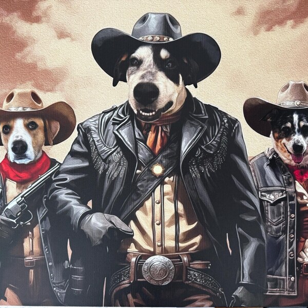 Custom 2 Pets Portrait, Cowboy Pet Portrait, Cat Cowboy Portrait ...