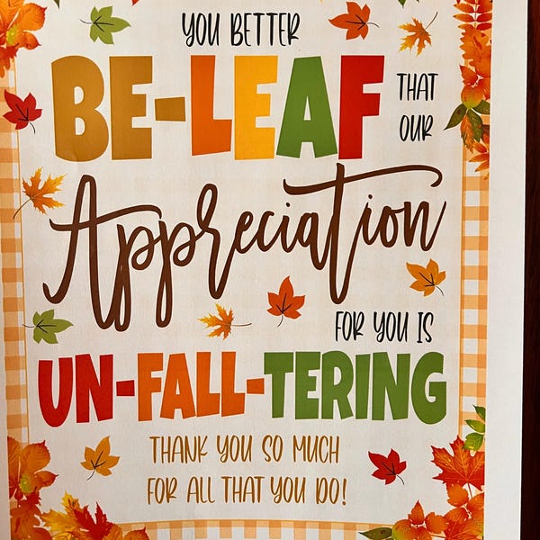 Fall Appreciation Sign, Autumn Leaf Thank You, School Pto Pta Gift ...