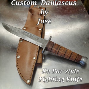 Handmade Damascus Kabar Bowie Knife With Leather Sheath Hunting Knife ...