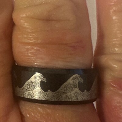 The Great Wave of Kanagawa Engraved Tungsten Carbide Ring, Japanese ...