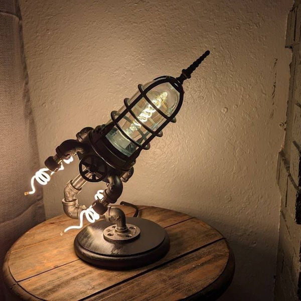 15" Rocket Ship Spaceship Steampunk Industrial Pipe Desk Lamp With 4 ...