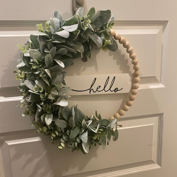 Hello Front Door Wreath, Neutral Modern Wood Bead Wreath, Hoop Wreath ...