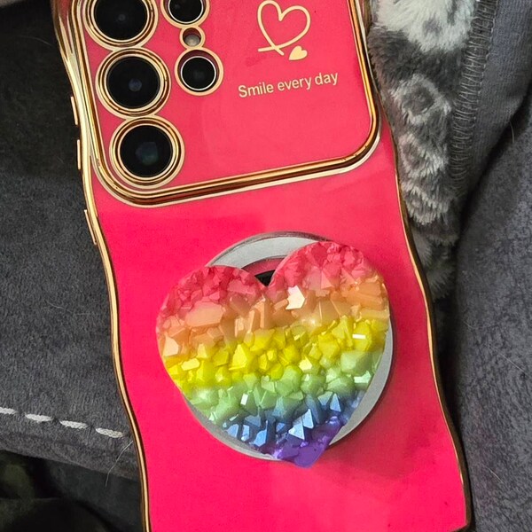 Heart Druzy Popsocket™, Heart Popgrip™, Rainbow Heart Popsocket, Black ...