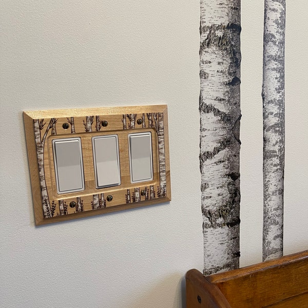 Wooden Triple Light Switch Cover With Wood Burned & Water Colored Birch ...