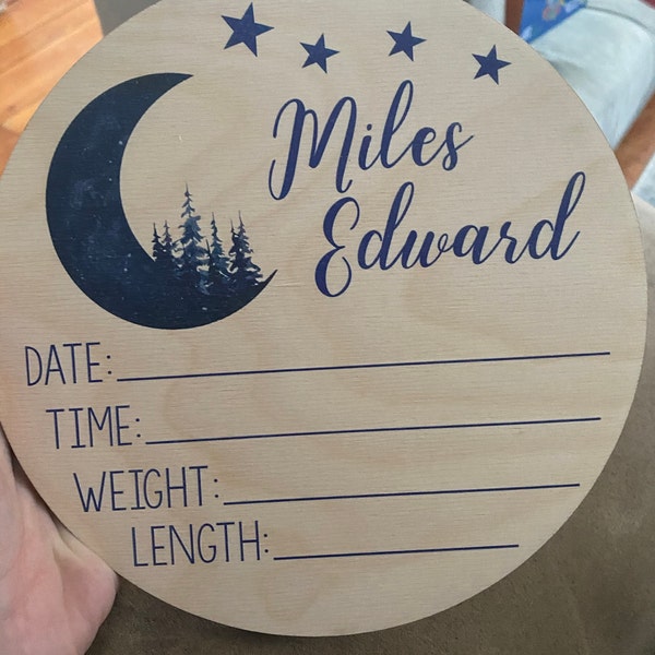 Birth Stat Sign, Round Wood Birth Stat Sign, Moon and Stars Nursery ...