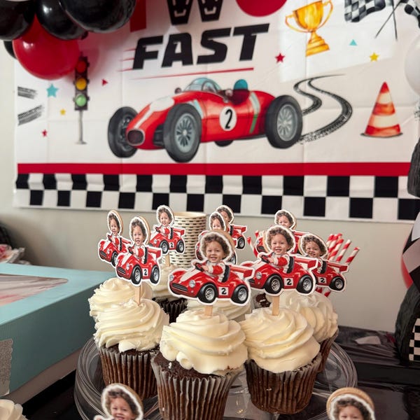 Race Car Photo Cupcake Topper, Face Cupcake Toppers, Car Racing Party ...