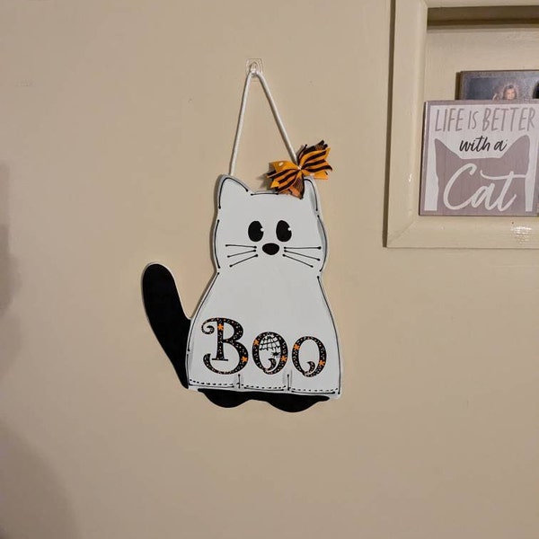 BOO BLACK CAT Ghost Halloween Sign Plaque Wall Decor Room Door Hanger ...