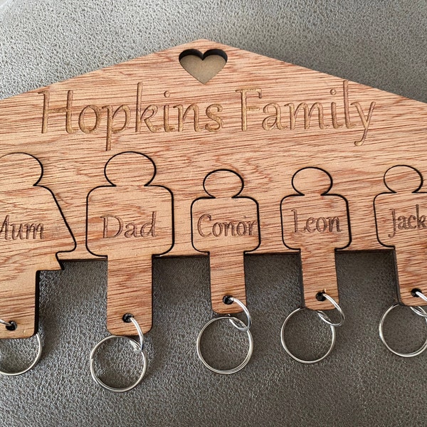 Personalised Family Key Holder: Laser Engraved Wood Keyring Organizer ...
