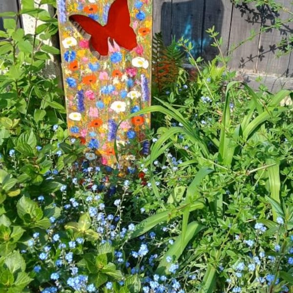 Abstract Sun Rainbow Glass Garden Sculpture, Reclaimed Wood, Garden Sculpture, Retirement Gift ...