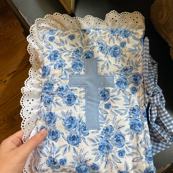 Blue Floral Quilted Bible Cover With Cross Appliqué and Eyelet Lace - Etsy