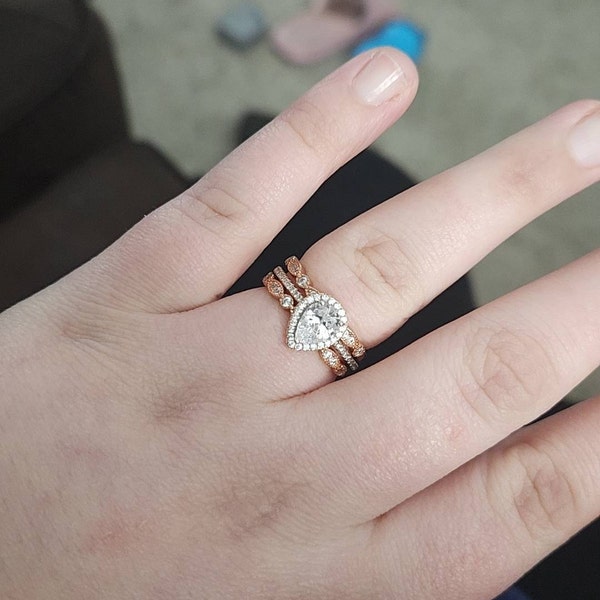 Art Deco Teardrop Bridal Ring Set: 925 Sterling Silver, Pear Simulated ...