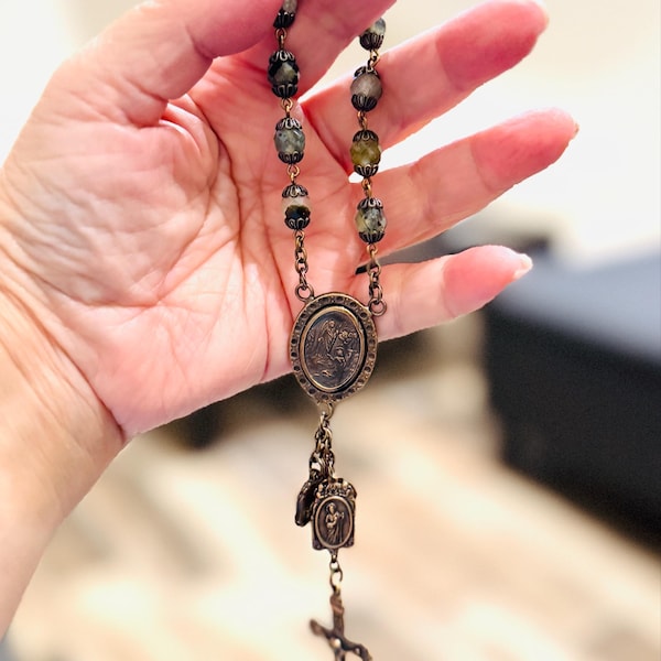 Jesus Mary Tween Hearts Rosary-peach Moonstone&vintage Bronze Prayer ...