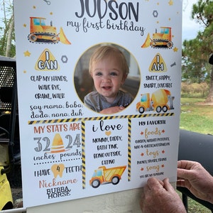 Construction First Birthday Milestone Sign With Photo - Digger 1st ...