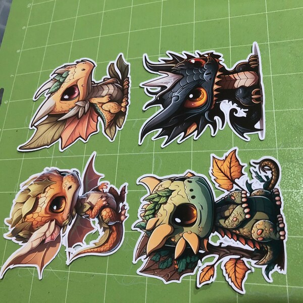 Set of 4 Baby Dragon Stickers - Adorable Big-headed Designs ...