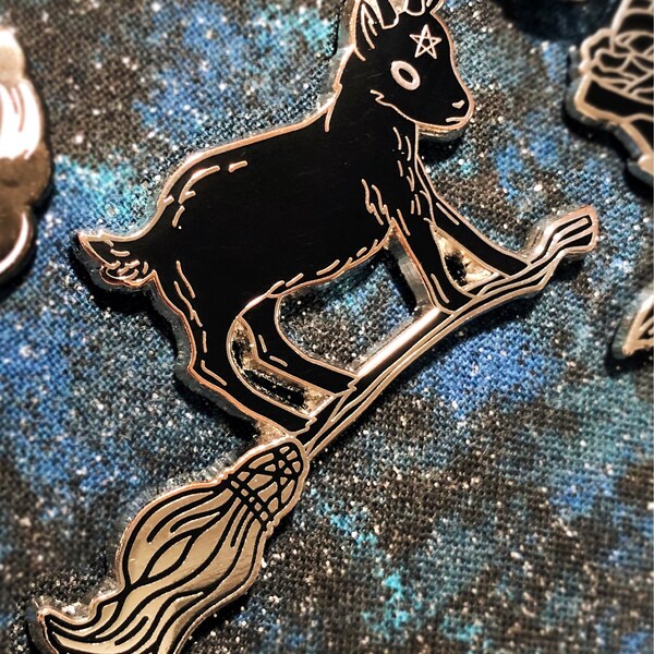 Baby Goat Learning to Ride a Broom Enamel Pin | Silver Plated Push Pin ...