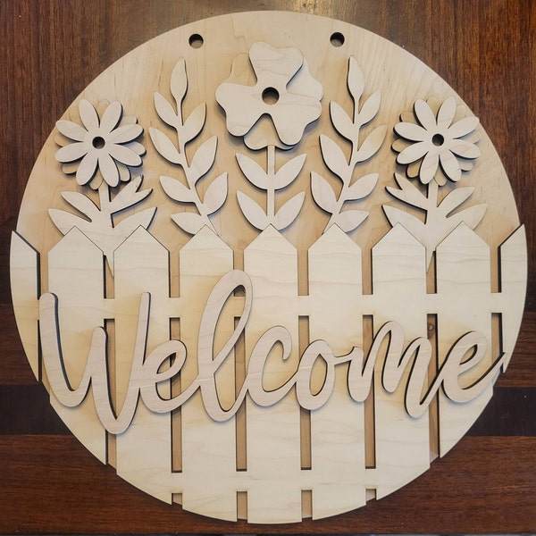 Welcome Fence Flowers Sign, Round Door Hanger SVG, Glowforge Laser Cut ...