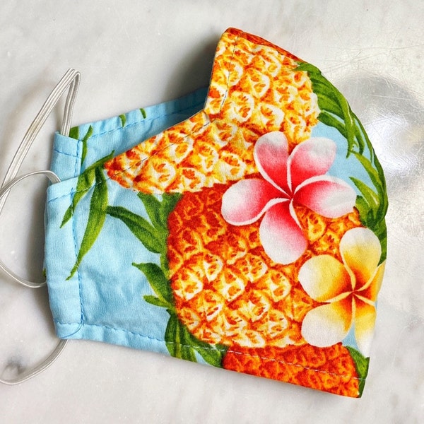 Face Masks 3 Layer Filter Aloha Print Blue Pineapple Pink Plumeria ...