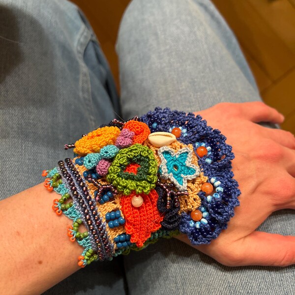 Crochet Cuff Bracelet, Green/blue Cuff Bracelet, Freeform Crocheted ...