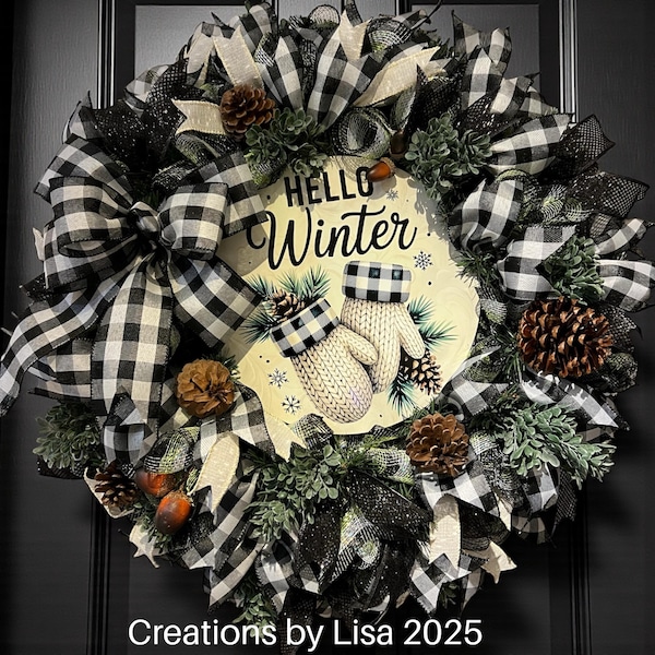Hello Winter Wreath Sign, Mittens, Round Sign, Winter Decor, Winter ...