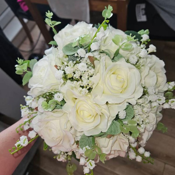 Artificial Wedding Flowers Ivory Rose Gypsophila Informal Hand Tied ...
