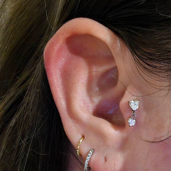 20G/18G/16G Dangle Heart CZ Drop Stud Push Pin Labret, Helix Cartilage ...
