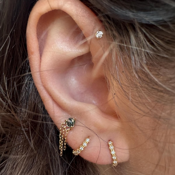 14K Solid Gold Dangle Triple Chain Moss Agate Cartilage Earring Helix ...