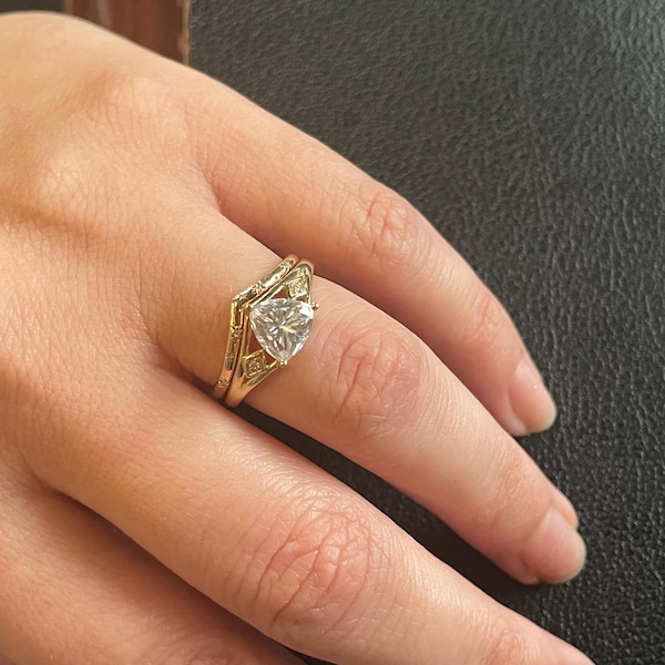 2pcs Couple Rings Set Solid Gold Mens Wedding Band Moissanite Curved ...