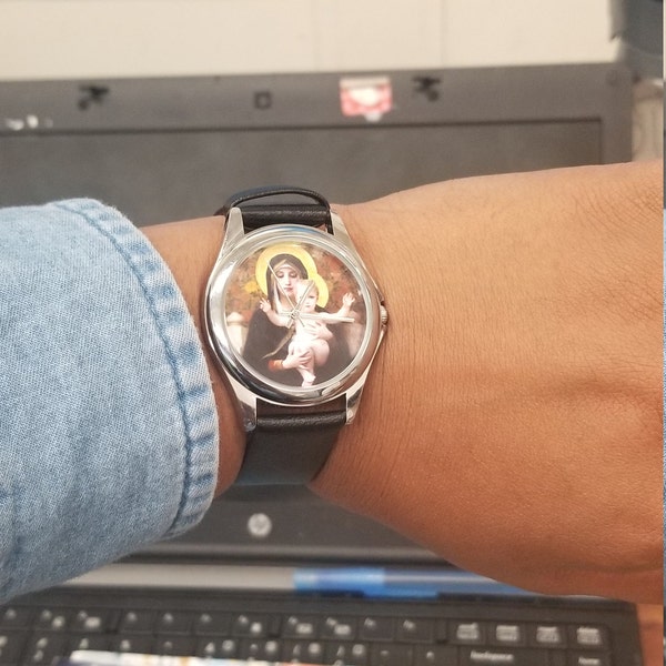 Unisex Leather Watch - Virgin of the Lilies by Bouguereau - Catholic ...