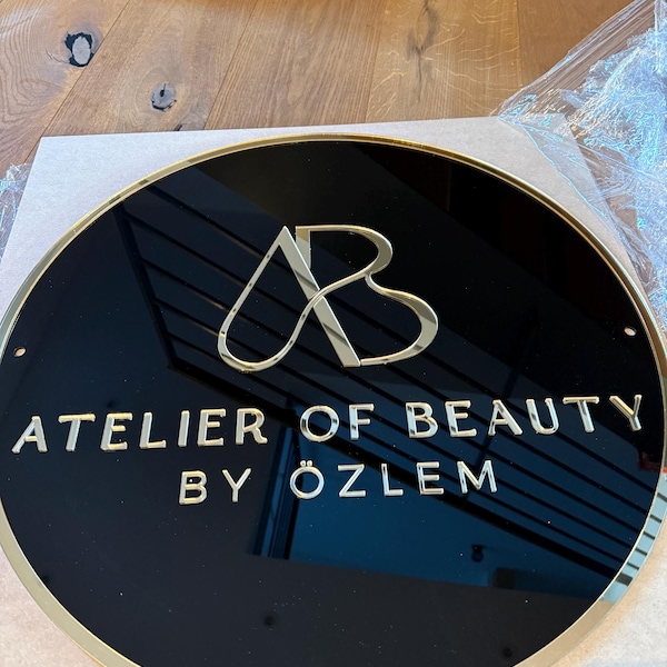 Personalized Round Acrylic Business Sign With Golden Edges and Golden ...