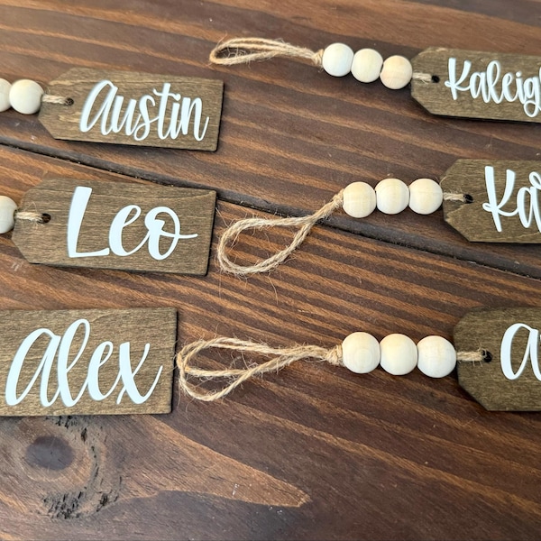 Beaded Wooden Christmas Stocking Name Tag, Personalized Stocking Tag ...