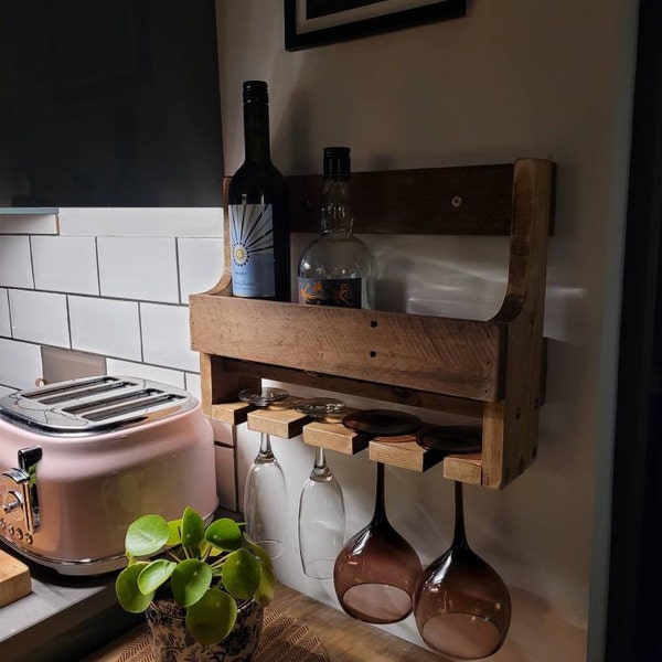 Rustic Shabby Chic Pallet Wood Wall Mounted Wine Gin Rack With Glass ...
