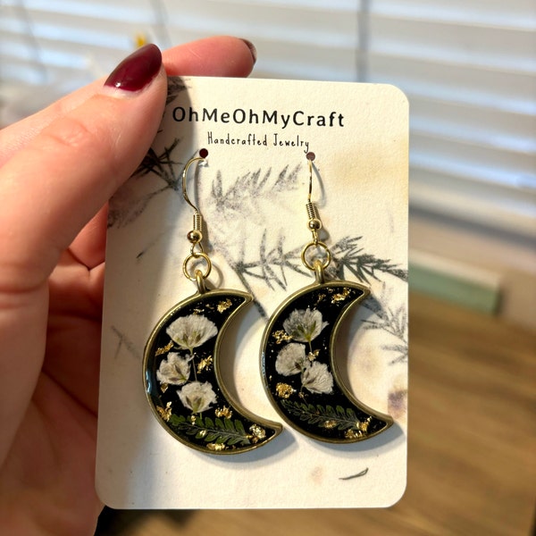 Handmade Moon Pressed Baby Breath Flowers Earrings Real Flower Resin ...